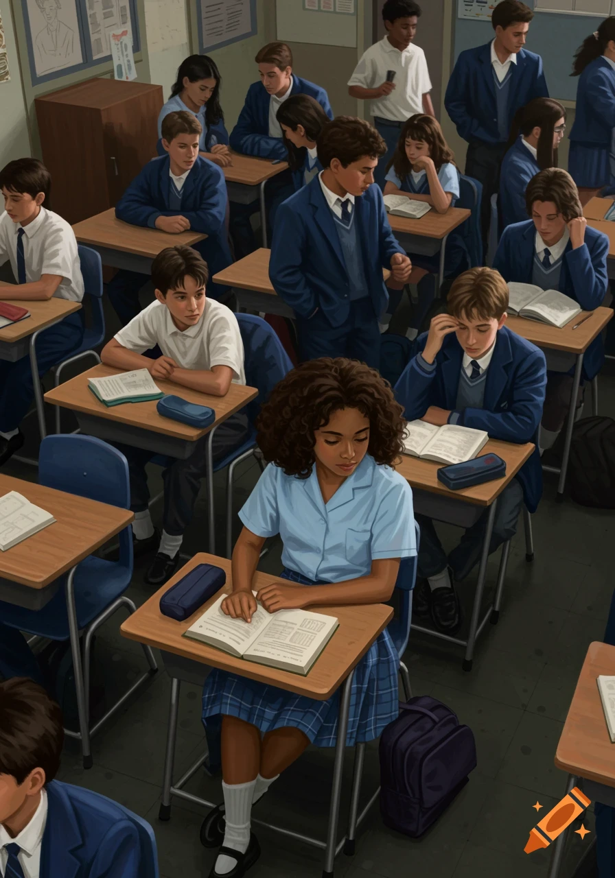 Illustration of students in a classroom from an overhead view. on Craiyon