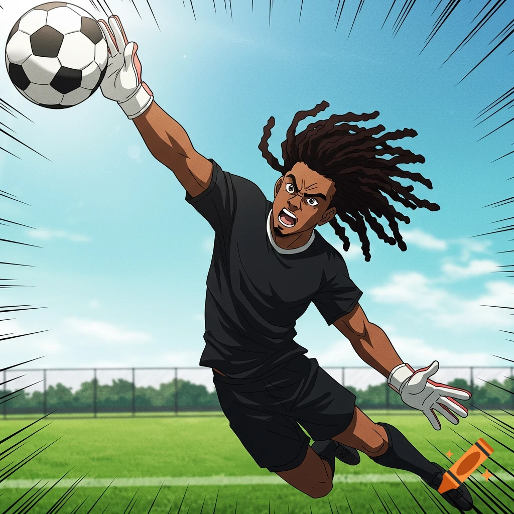Anime drawing of a black goalkeeper with dreadlocks diving to save a ...