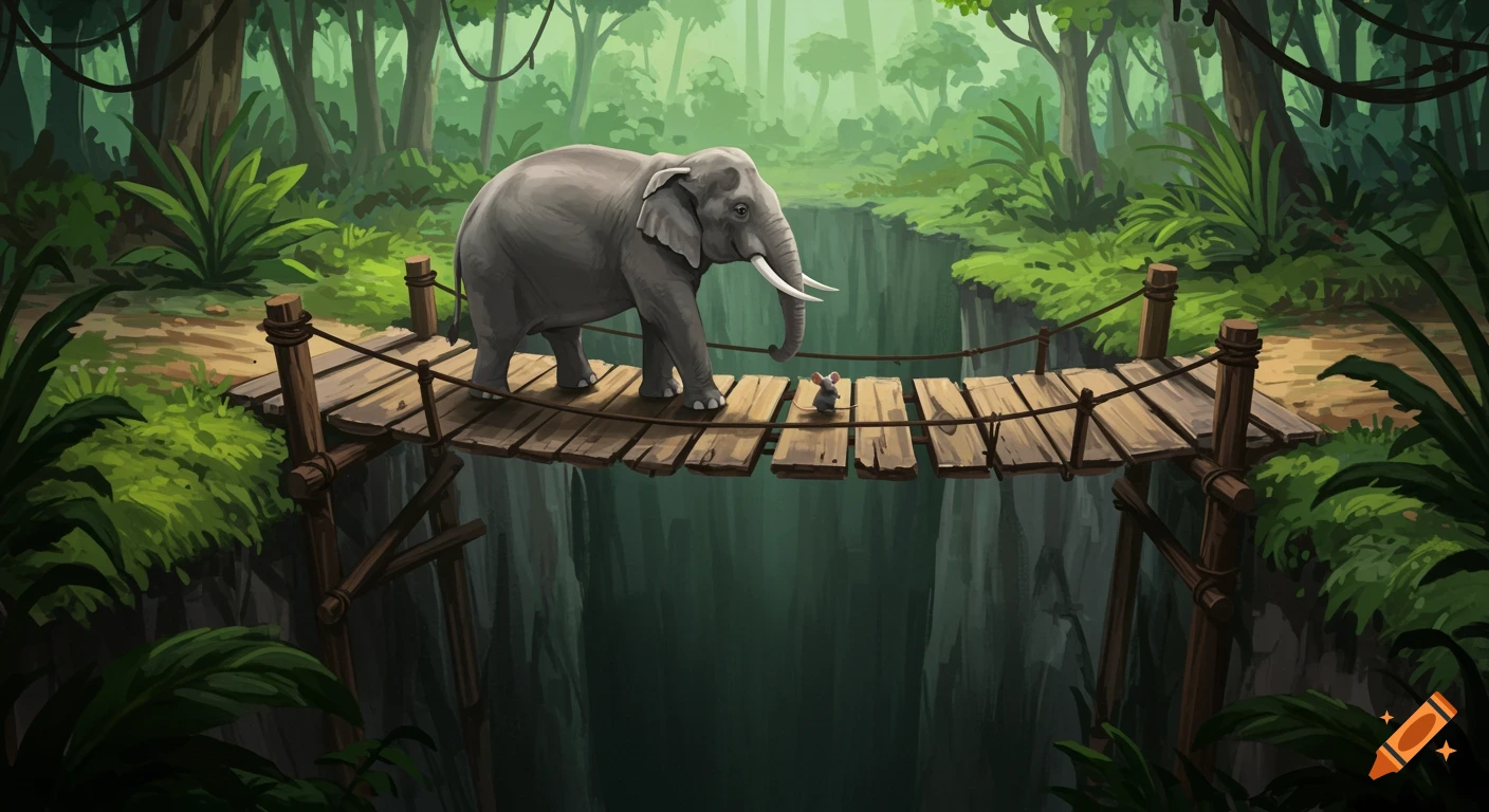An illustration of an elephant and a mouse crossing a wooden bridge ...