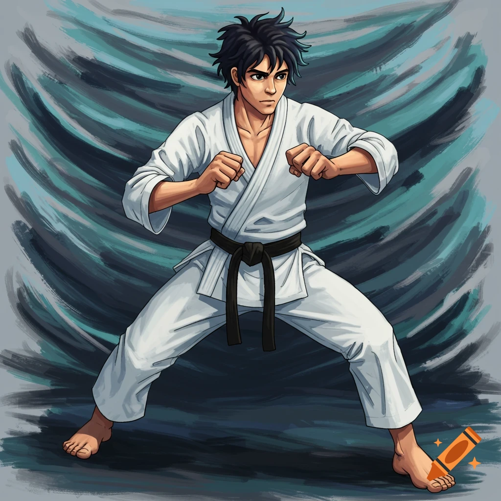 A person in a white karate uniform with a black belt in a fighting ...