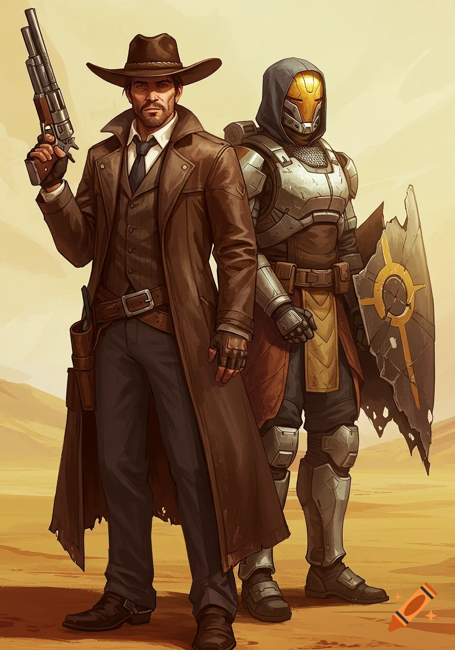 A cowboy stands next to an armored warrior with a broken shield in a ...