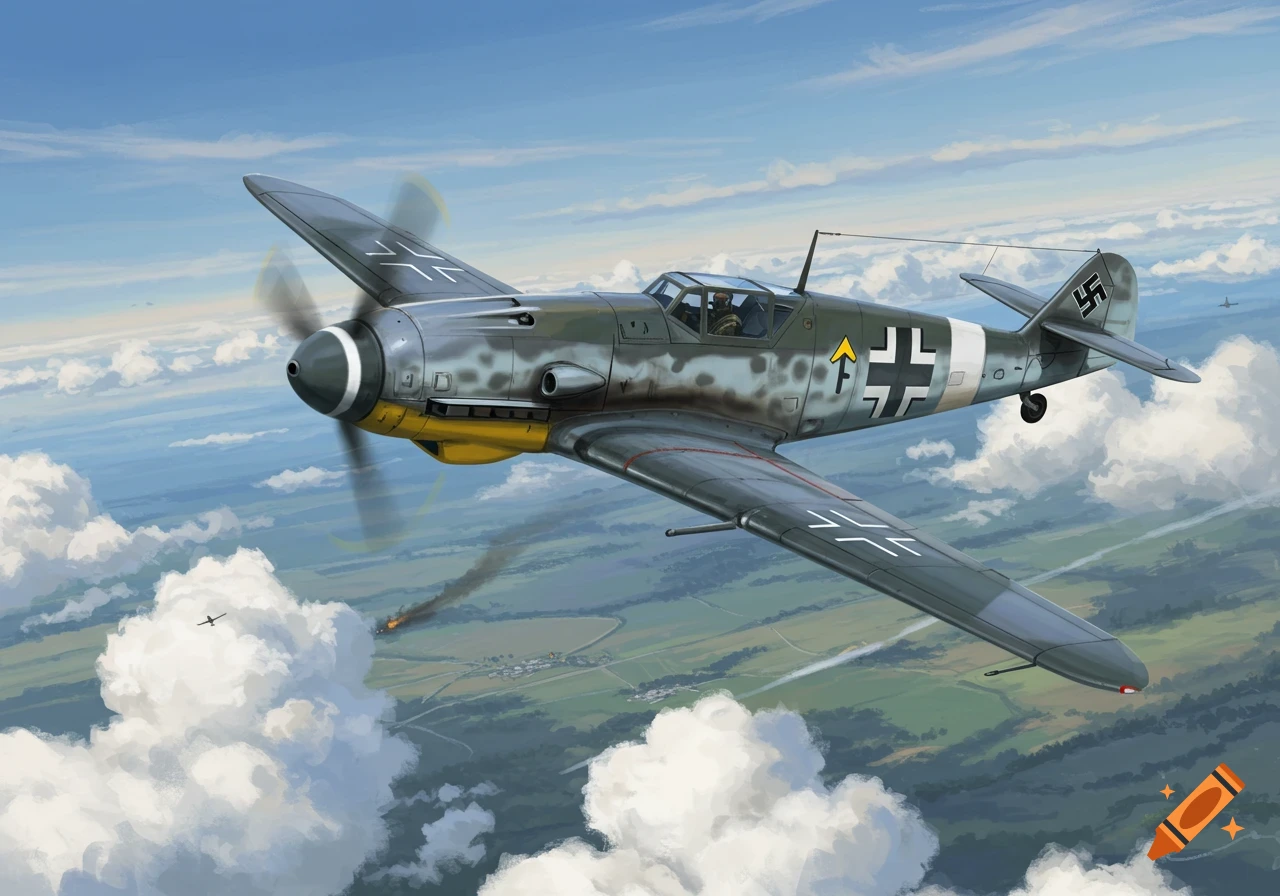 Illustration of a German BF-109 fighter plane flying through clouds ...