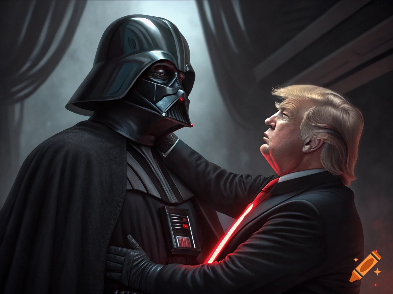 Darth Vader force choking Donald Trump in a dramatic scene on Craiyon