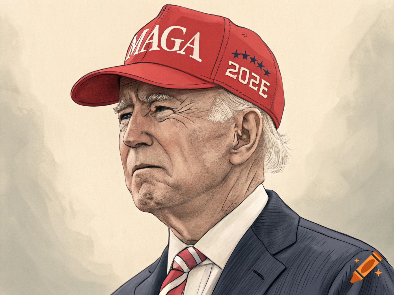 Illustration of Joe Biden wearing a red hat with MAGA and 202E printed ...