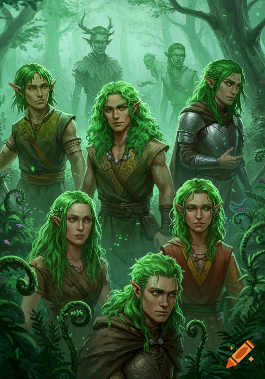 Fantasy illustration of multiple green-haired elves in a forest. on Craiyon