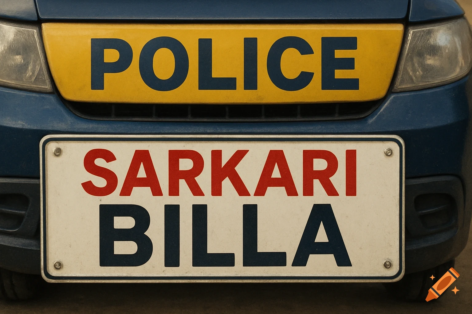Front view of a police car with text 'POLICE' and 'SARKARI BILLA' on ...