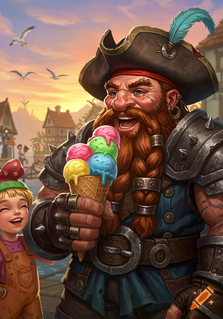 A happy cartoon pirate dwarf holds a large ice cream cone while a child ...