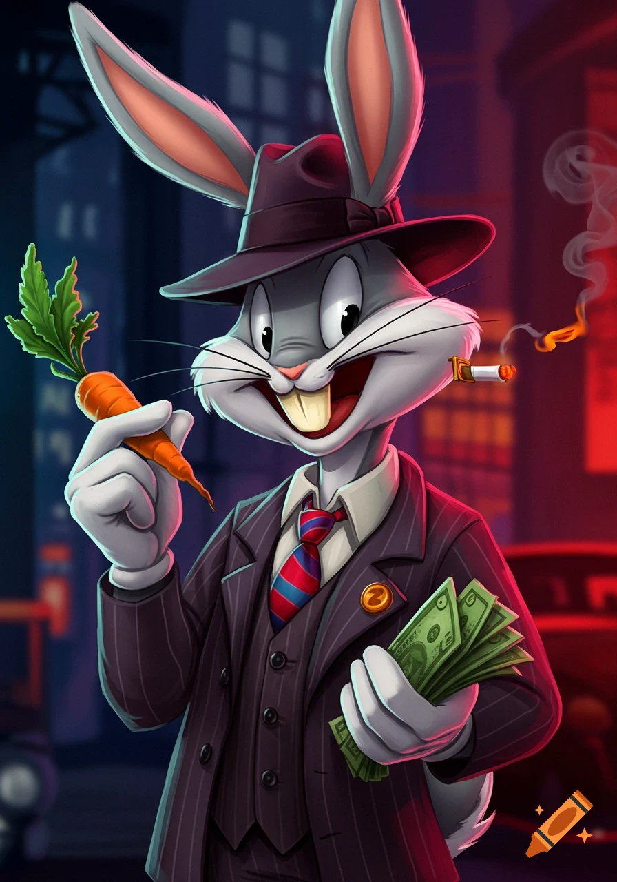 Bugs Bunny dressed as a gangster in a pinstripe suit and fedora ...