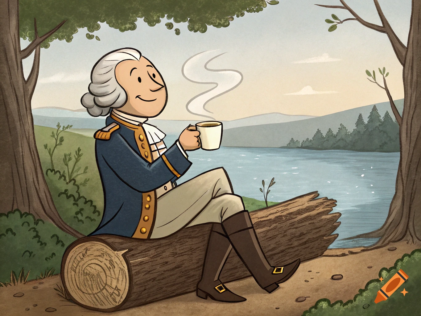 Cartoon George Washington sits on a log by a river, drinking coffee. on ...