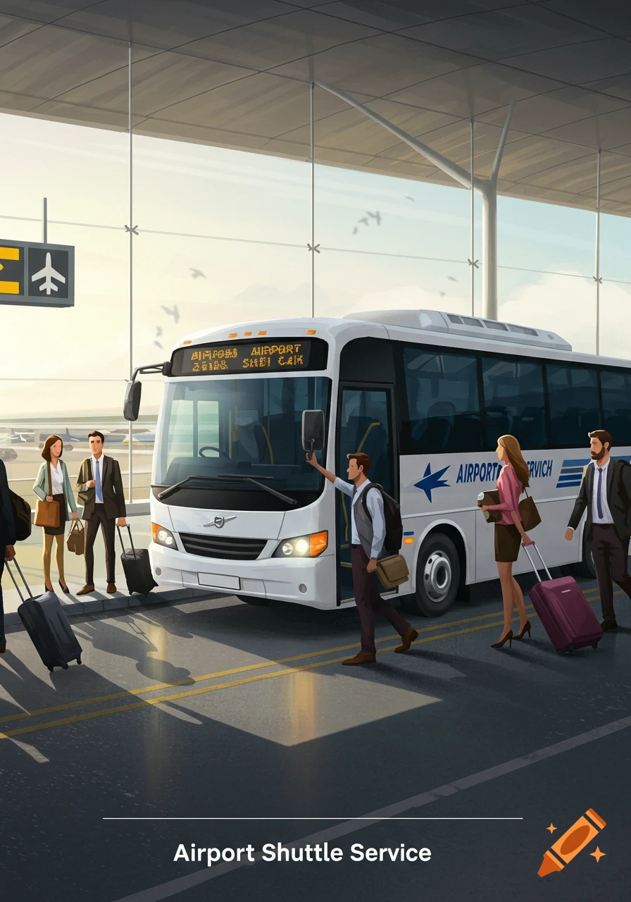 People with luggage boarding a white airport shuttle bus at a terminal ...