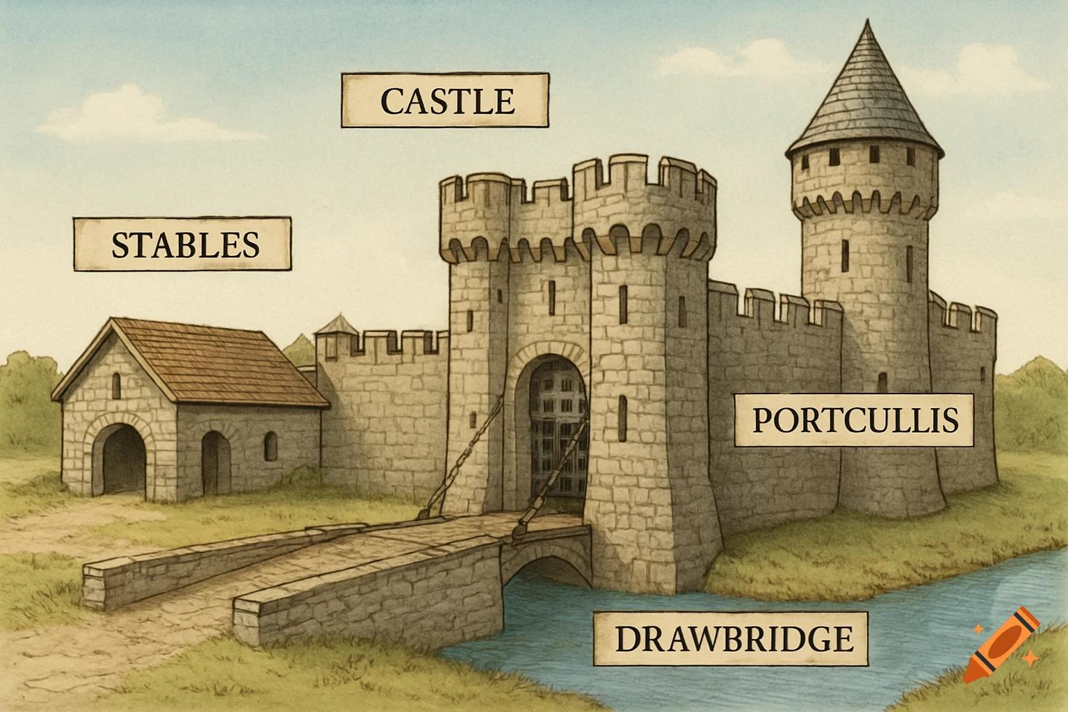 Illustration of a medieval castle with labels for castle, stables ...