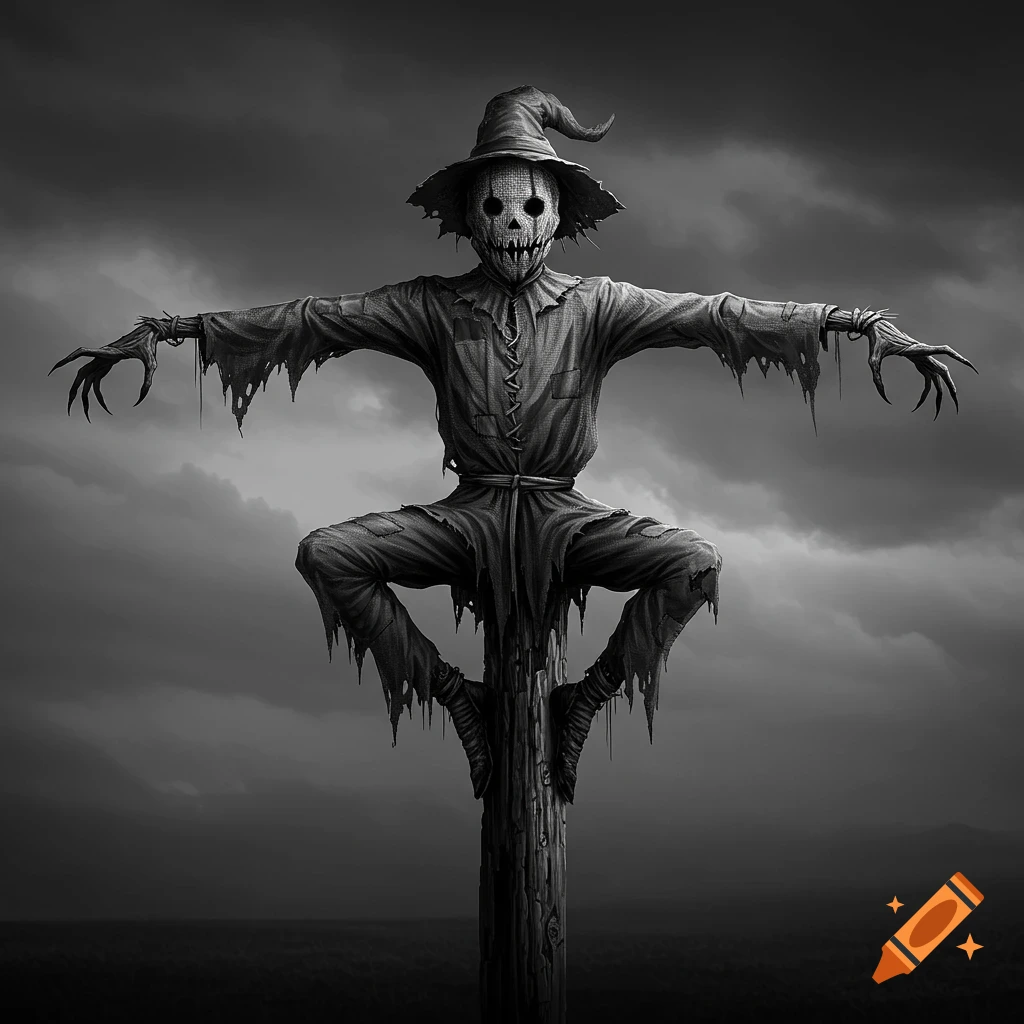 Stylized black and white image of a creepy scarecrow on a post against ...