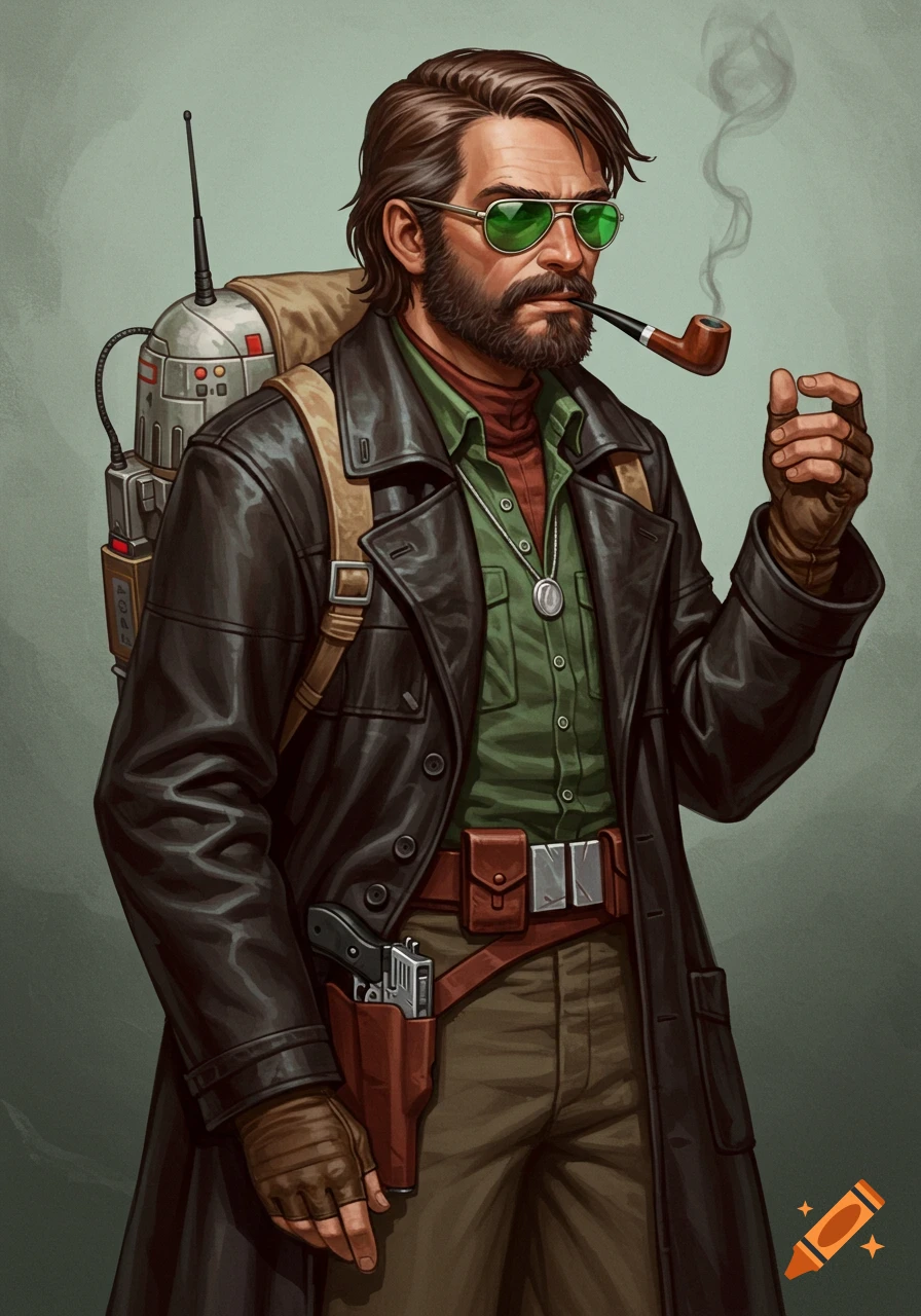 Illustration of a sci-fi scout character in a leather coat, sunglasses, smoking a pipe, with ...