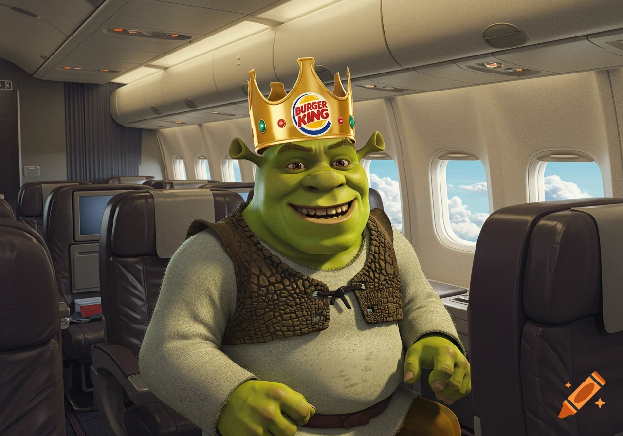 Shrek wearing a Burger King crown on an airplane. on Craiyon