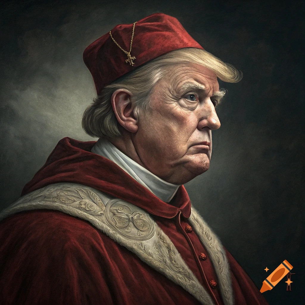 Portrait of a person resembling Donald Trump in red cardinal robes and ...