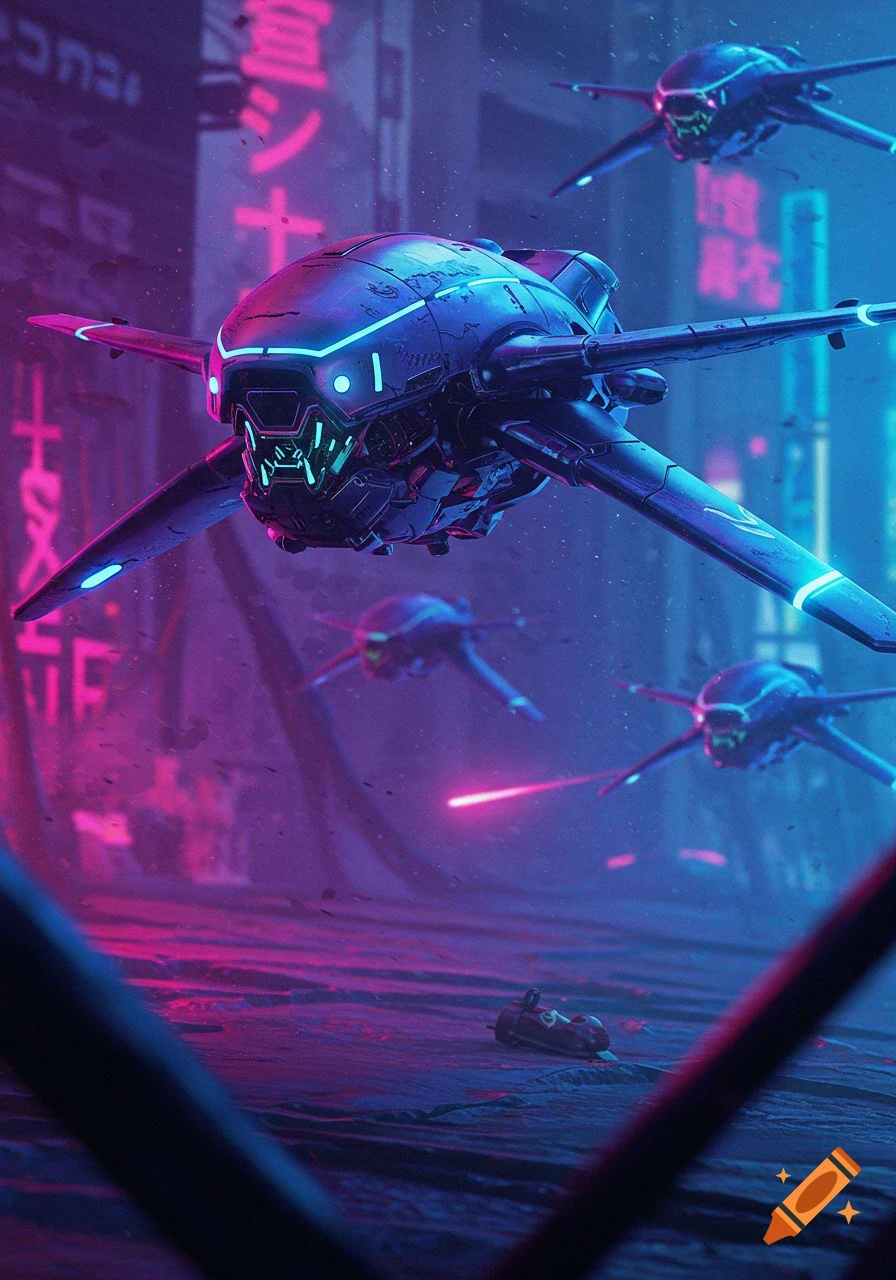 Multiple futuristic, menacing drones fly and fire lasers in a dark ...