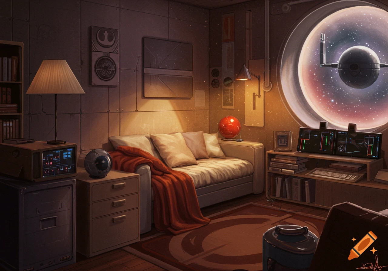 A cozy sci-fi room overlooking space with tech, sofa, and bookshelves ...