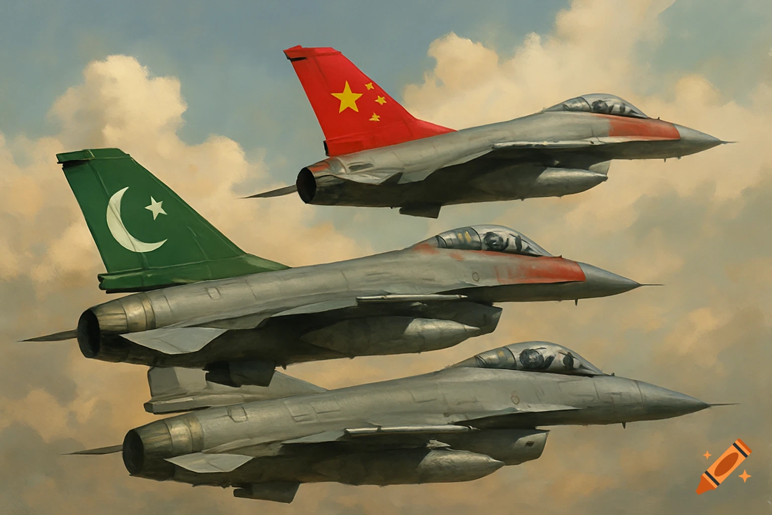 Digital painting of three fighter jets flying in the sky with flags of ...