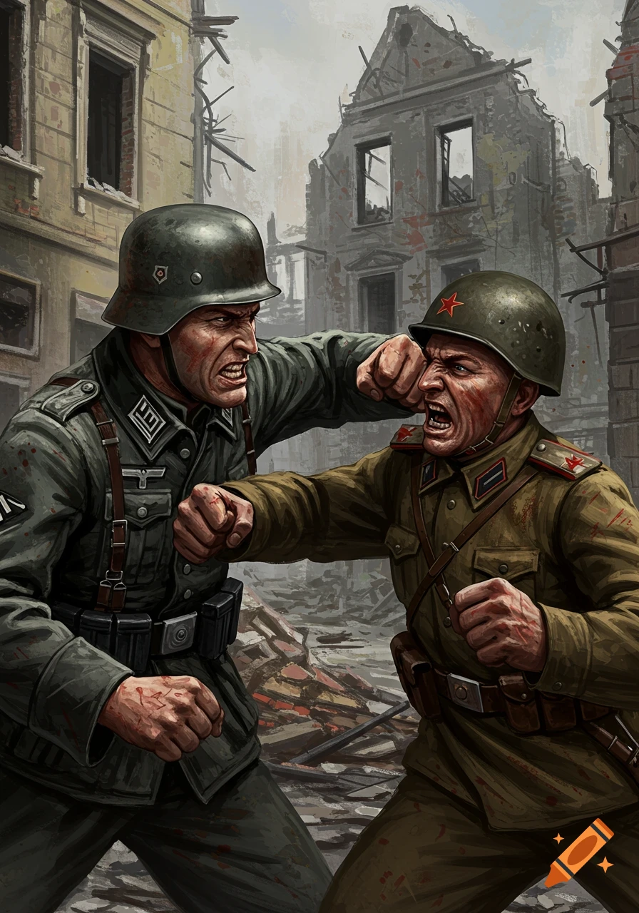 Illustration of a Wehrmacht soldier punching a Soviet soldier in a ...