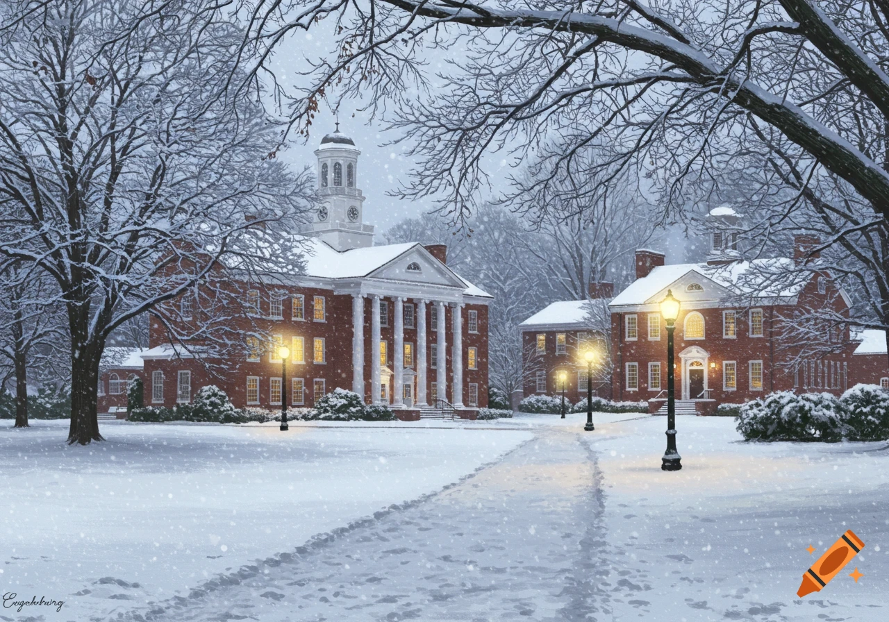 Snowy winter scene of a college campus with brick buildings, columns ...