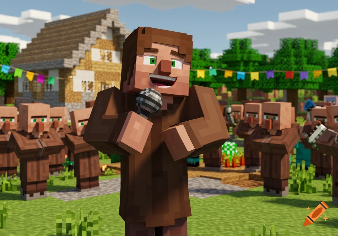 A Minecraft character singing into a microphone in a village square ...