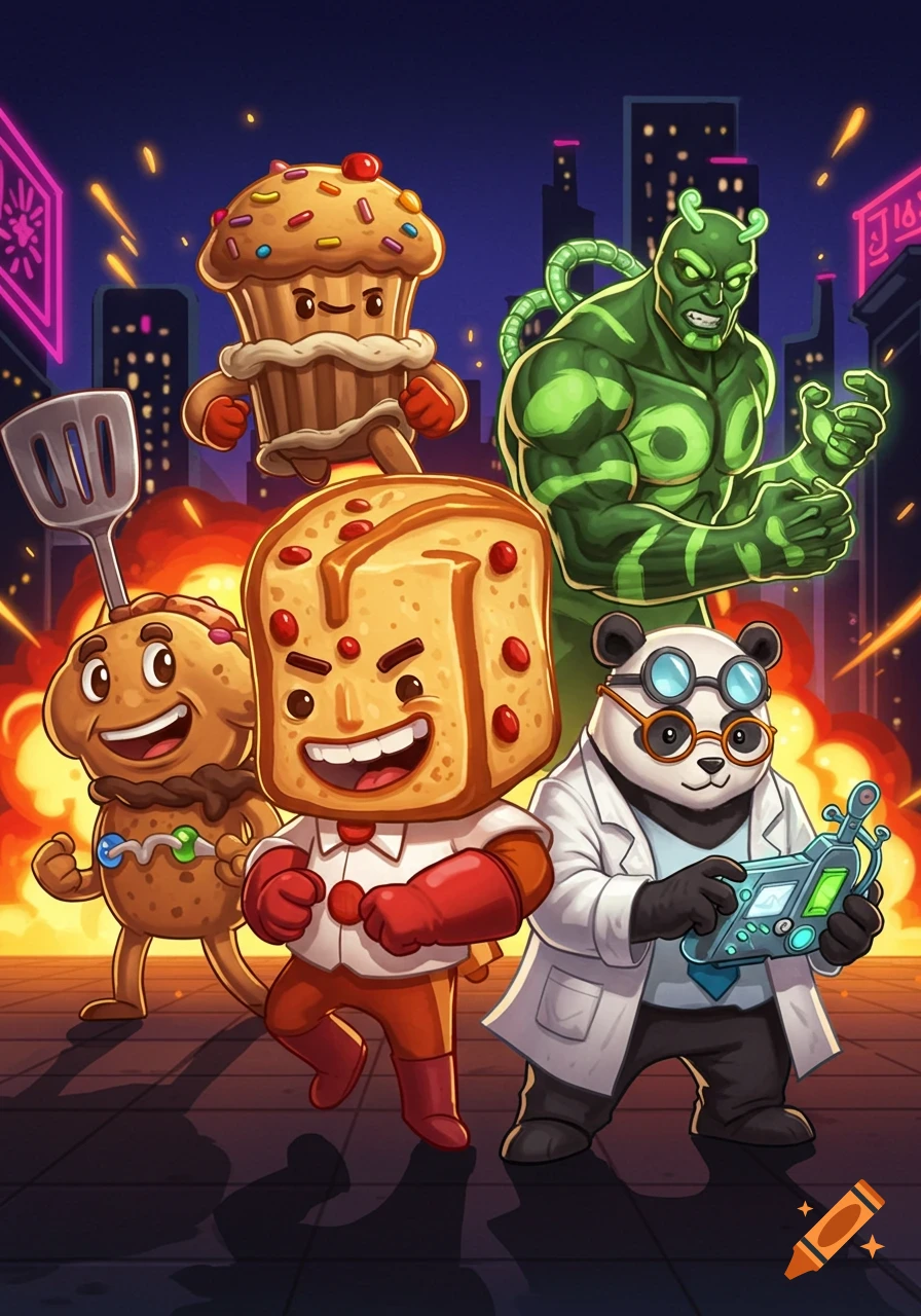 Cartoon team of a cupcake, bread, panda, and green monster stand in a ...