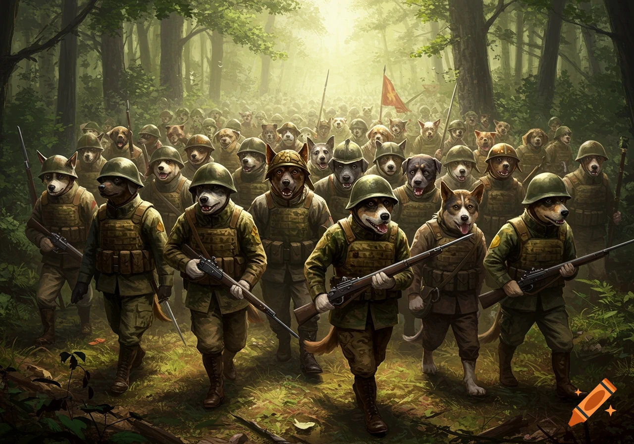 Army of anthropomorphic dogs in military uniforms marching through a ...