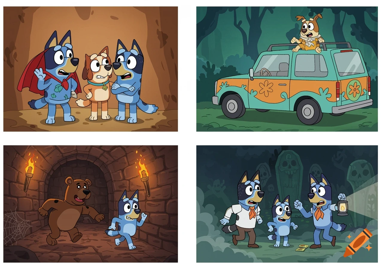 Four panels show Bluey characters in Scooby-Doo style adventures ...