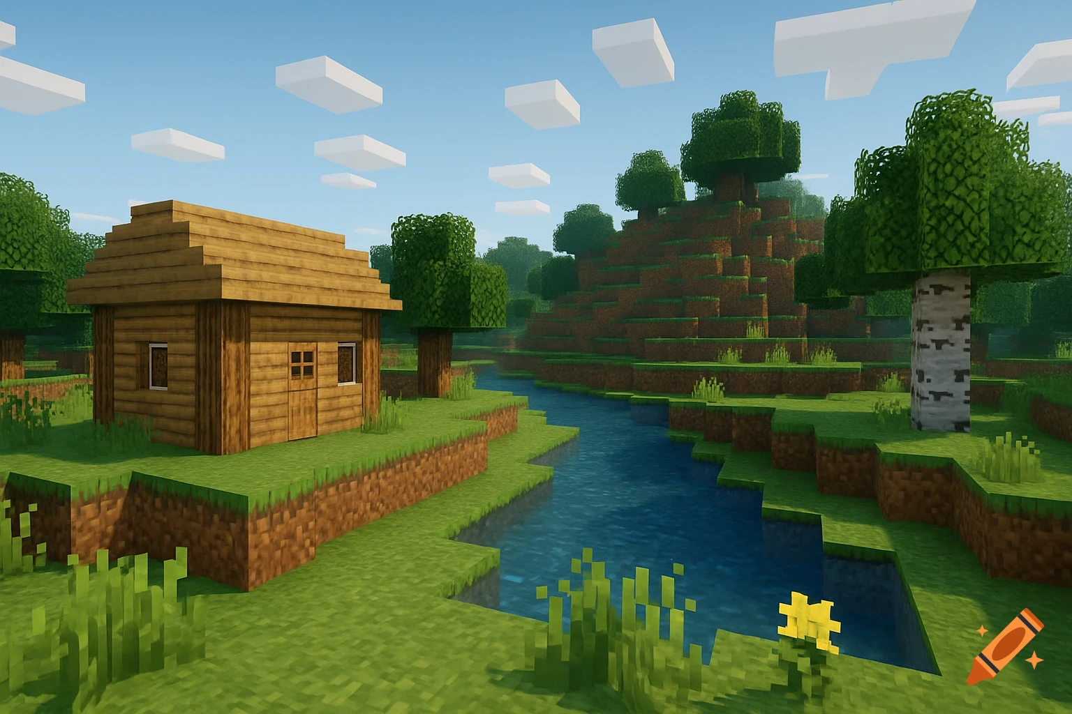 A blocky wooden house stands by a river flowing through a green ...