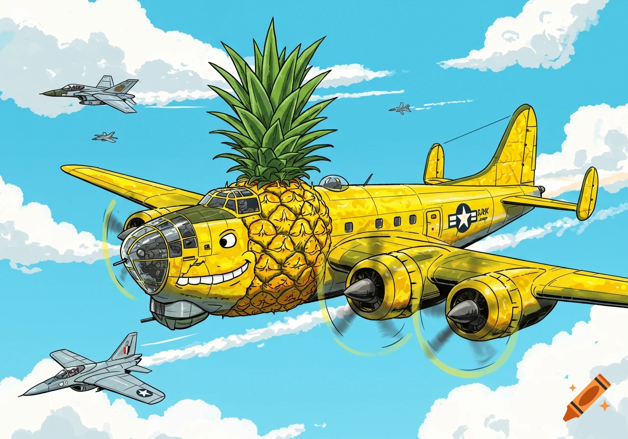 Cartoon illustration of a yellow bomber plane with a pineapple face ...