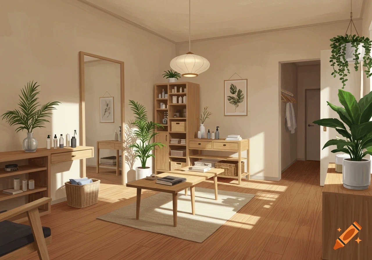 Japandi style salon interior with light wood furniture and plants in sunlight on Craiyon