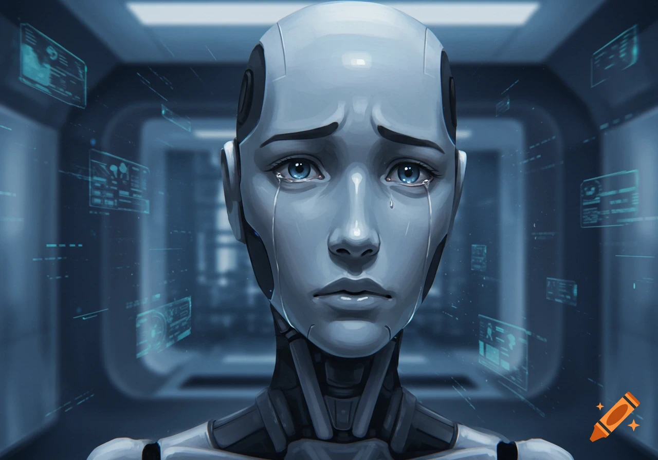 Close-up illustration of a crying robot in a futuristic setting with floating data displays on ...