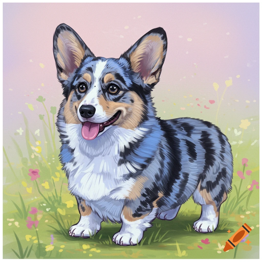 A stylized drawing of a merle blue corgi standing in a field of flowers ...