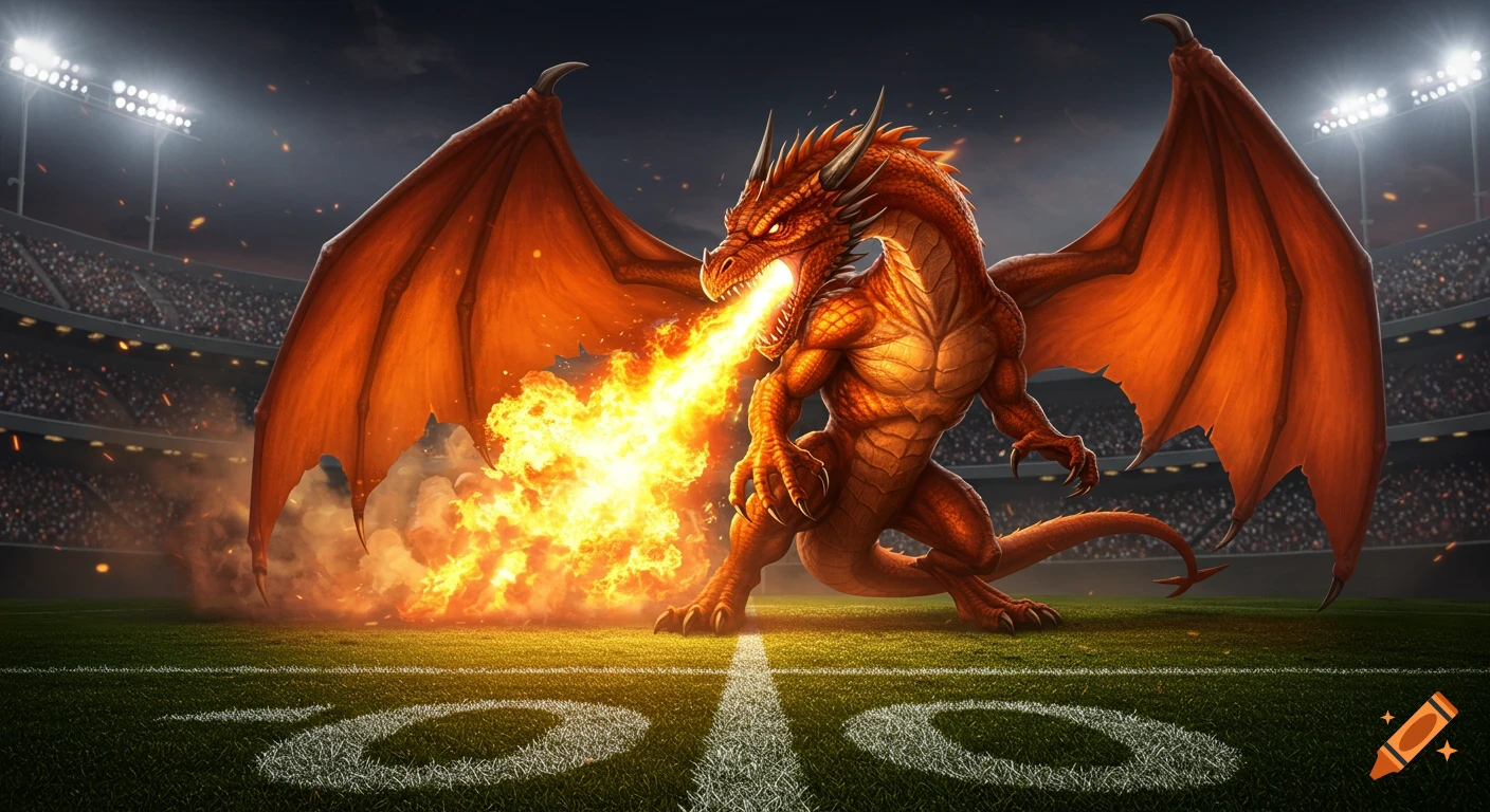 An orange dragon breathes fire on an American football field. on Craiyon