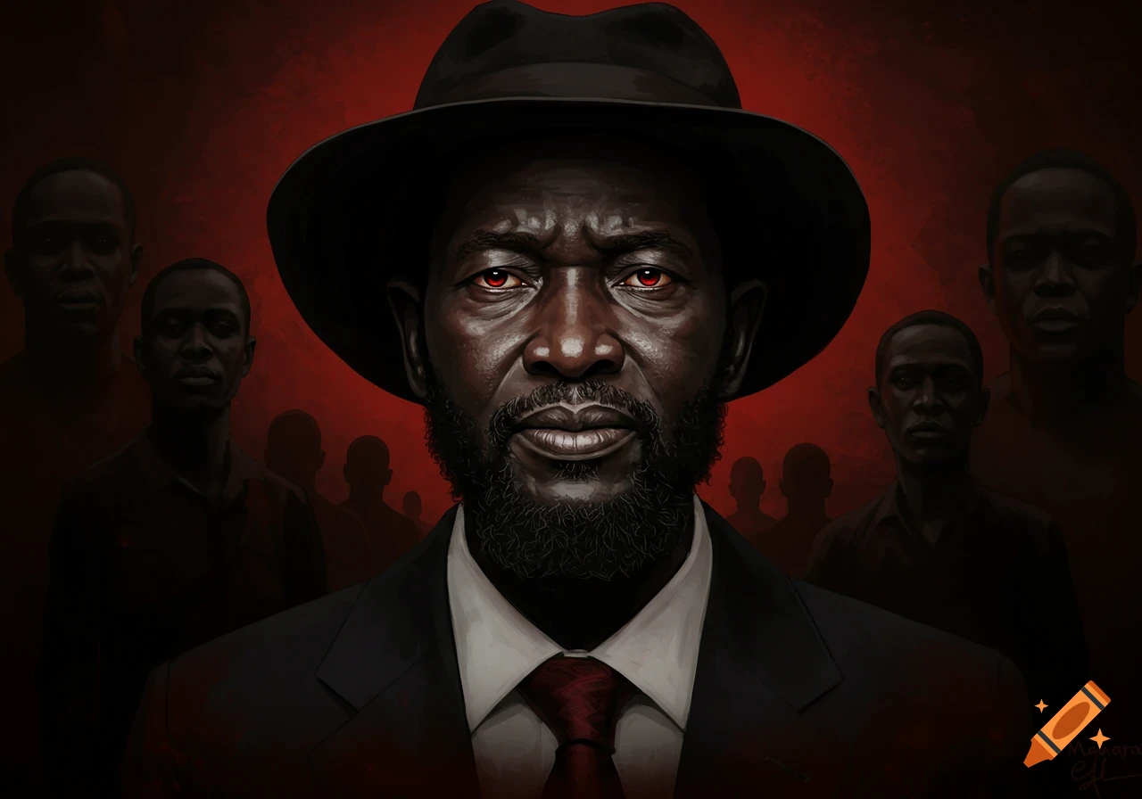 Digital illustration of a man with red eyes wearing a hat and suit ...