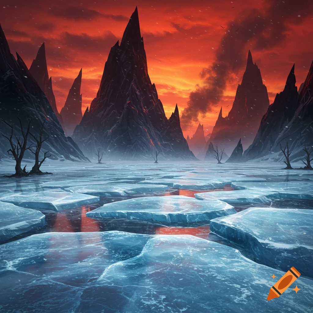 An icy landscape with jagged dark mountains under a fiery red sky ...