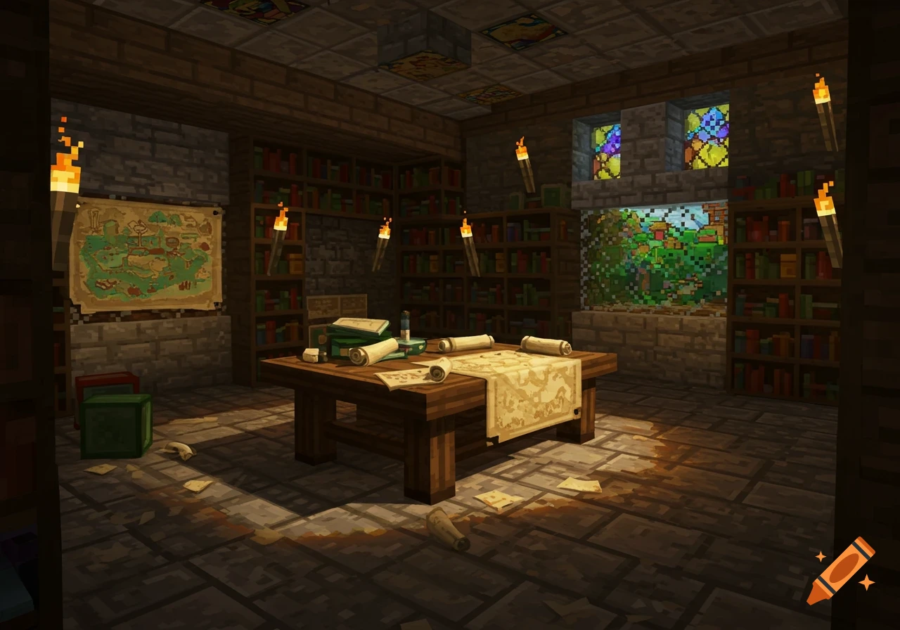 Pixelated Minecraft library room with bookshelves, map, table, and ...