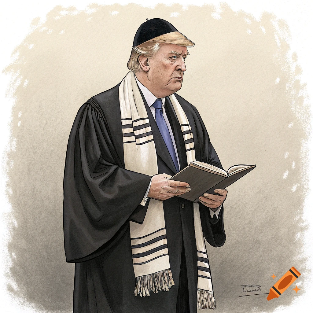 Illustration of Donald Trump wearing a kippah and tallit, holding a ...