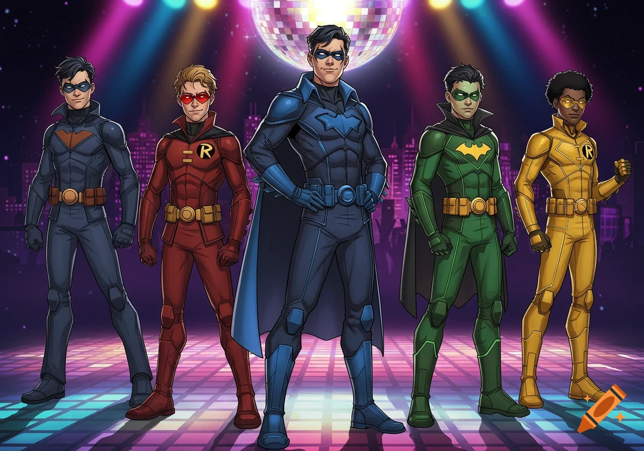 Stylized illustration of five comic book superheroes in colorful ...