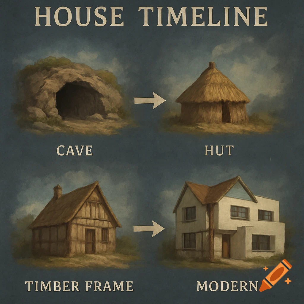 Illustrated timeline showing a cave, hut, timber frame house, and ...