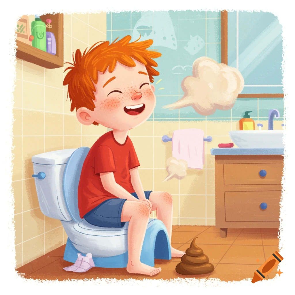 Cartoon illustration of a boy sitting on a toilet with a pile of poop ...