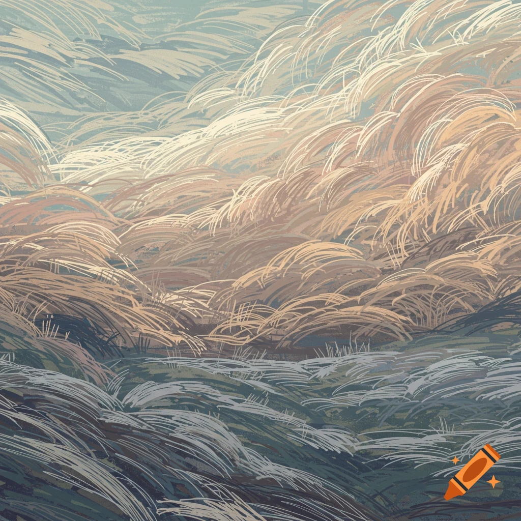 Stylized illustration of flowing grass fields with fine lines on Craiyon