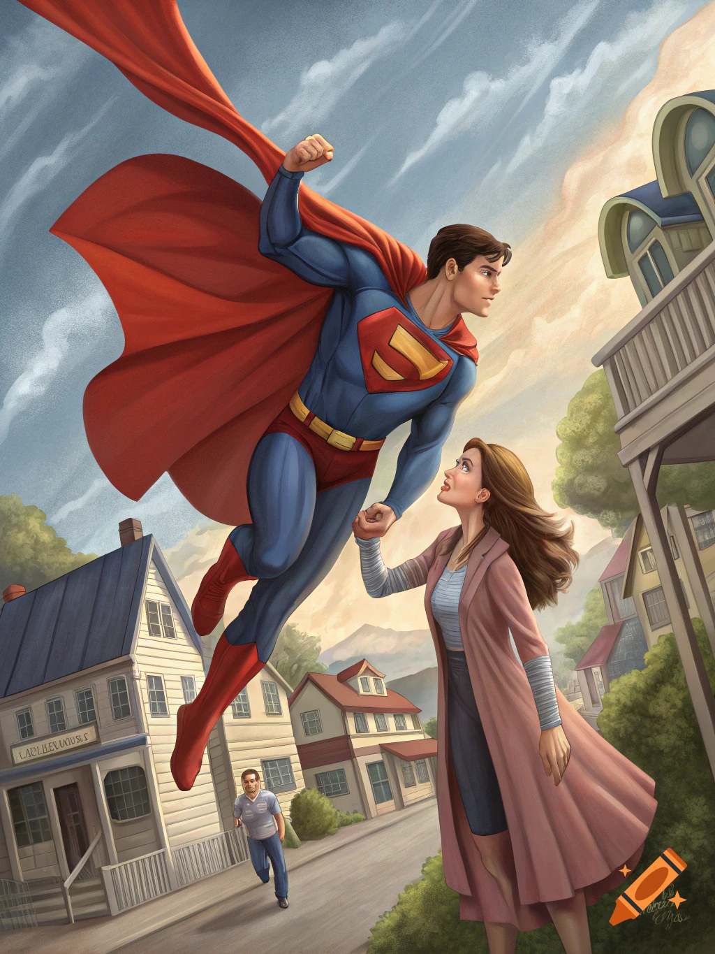 Superman flies above a street, holding Lois Lane's hand, in a small ...