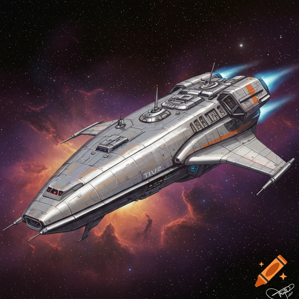 Detailed illustration of a silver spaceship flying through a starry ...