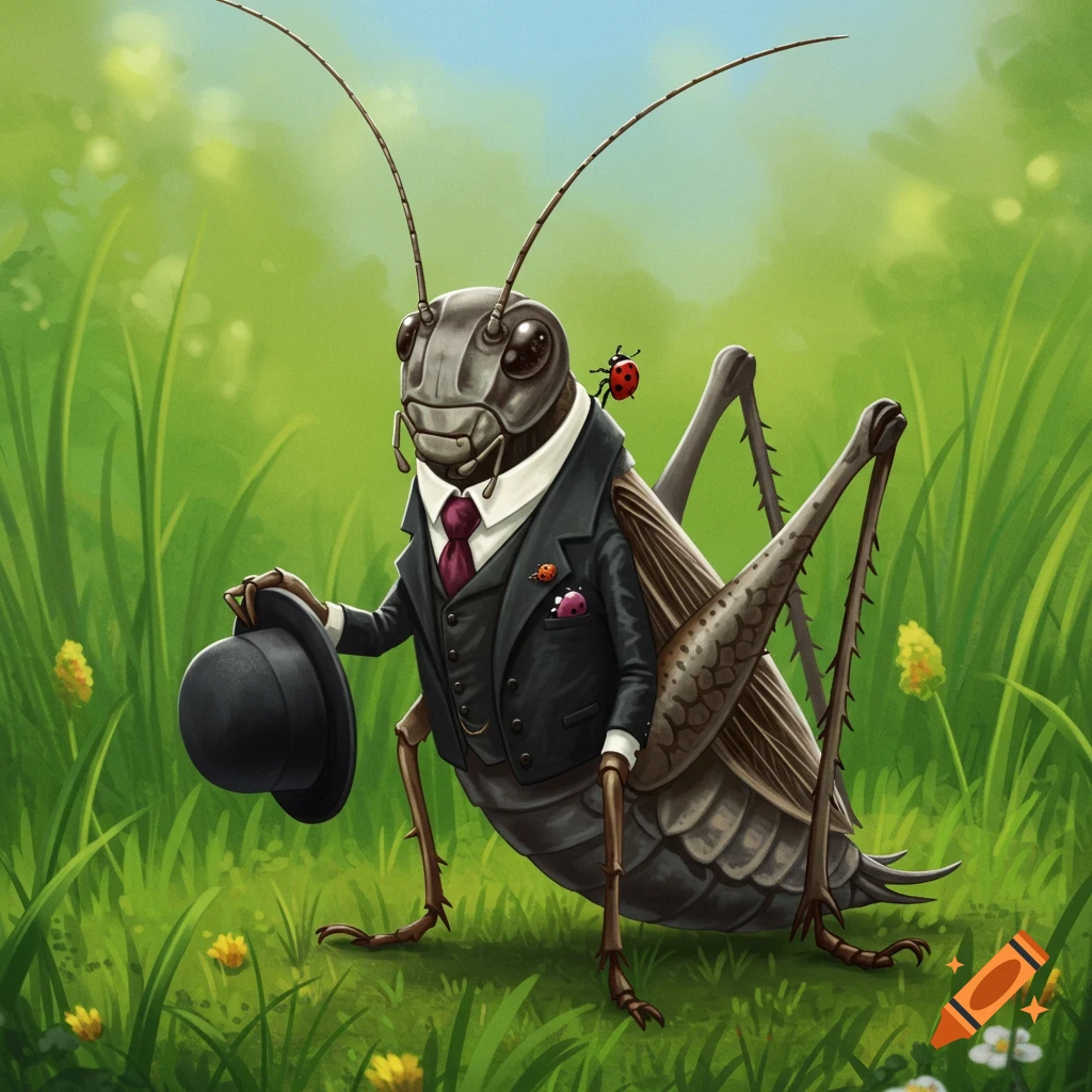 A cricket wearing a black suit and hat stands in a grassy field. on Craiyon