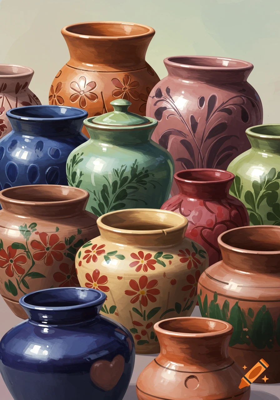 A still life painting of multiple colorful, decorated pots and vases ...