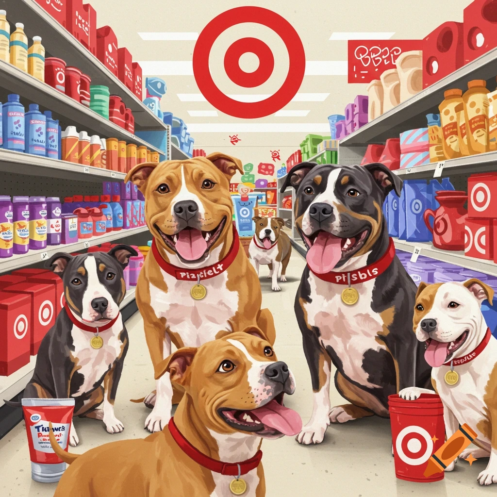 Pit bull dogs in a store aisle with products on shelves and the Target ...