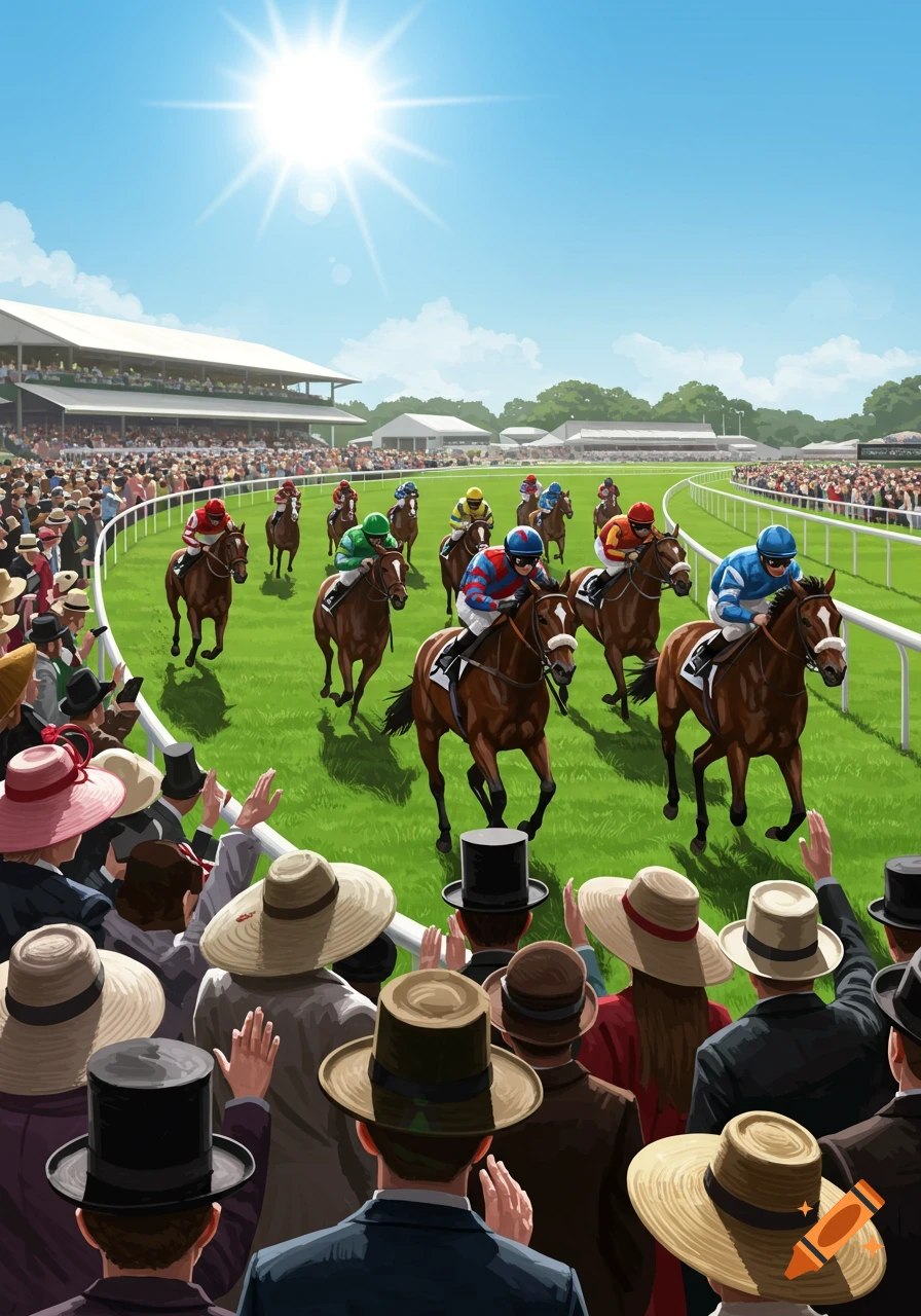 Illustration of a horse race with jockeys and horses rounding a turn ...
