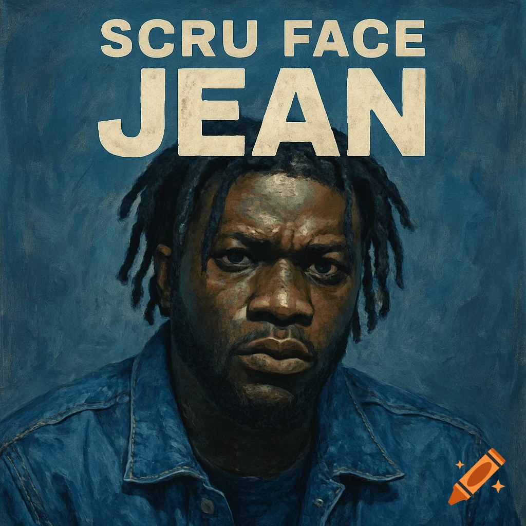 Painterly portrait of a man with dreadlocks in a denim jacket. Text ...