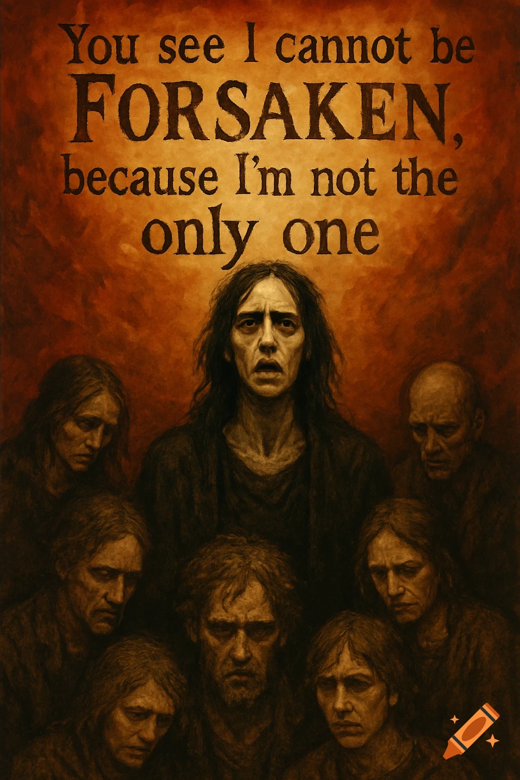 A dark, painterly image of a central gaunt figure surrounded by other ...